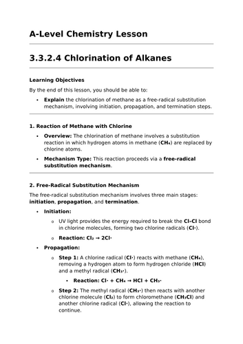 Chlorination of Alkanes - A-Level Chemistry Lesson | Teaching Resources