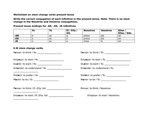 Worksheet on stem change verbs present tense | Teaching Resources