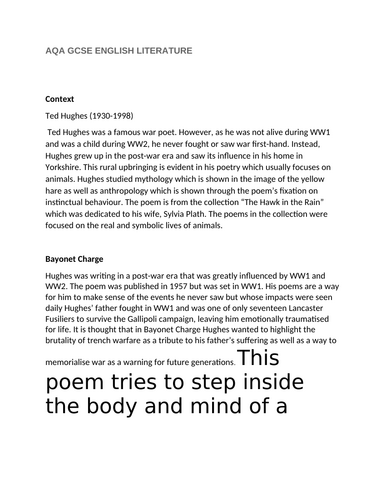 GCSE ENGLISH LITERATURE poetry analysis "Bayonet Charge" | Teaching ...