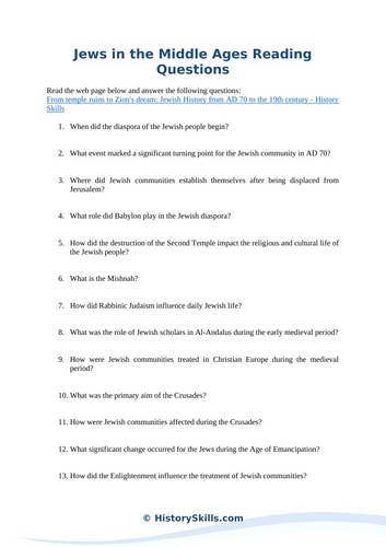 Jews in the Middle Ages Reading Questions Worksheet | Teaching Resources