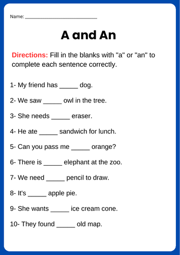Articles : A and An Worksheets | Grammar Practice | Teaching Resources