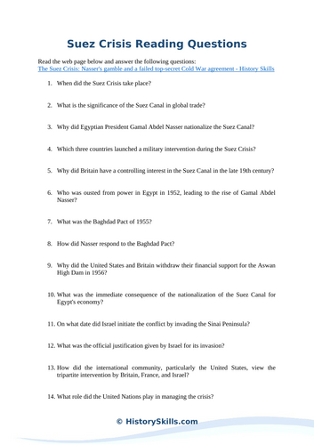 Suez Crisis Reading Questions Worksheet | Teaching Resources