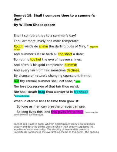 GCSE ENGLISH LITERATURE : Sonnet 18: Shall I compare thee to a summer's ...