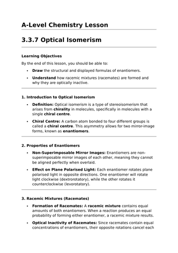 Optical Isomerism - A-Level Chemistry Lesson | Teaching Resources