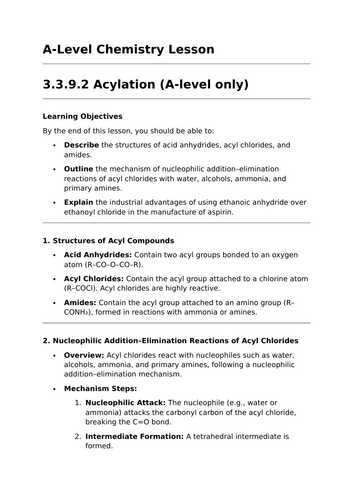 Acylation - A-Level Chemistry Lesson | Teaching Resources