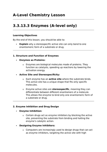 Enzymes - A-Level Chemistry Lesson | Teaching Resources