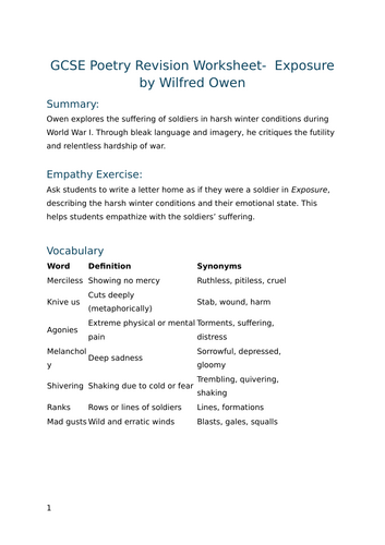 Exposure by Wilfred Owen - GCSE Poetry Revision Worksheet | Teaching Resources