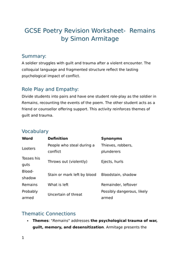 Remains by Simon Armitage - GCSE Poetry Revision Worksheet | Teaching ...