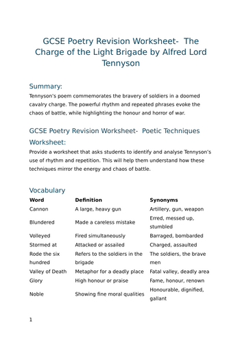 The Charge of the Light Brigade by Alfred Lord Tennyson | Teaching ...