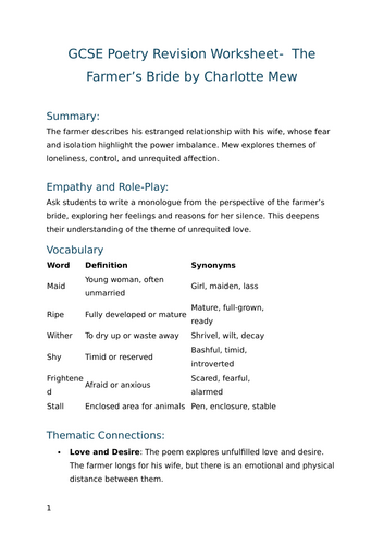 The Farmer’s Bride by Charlotte Mew - GCSE Poetry Revision Worksheet ...