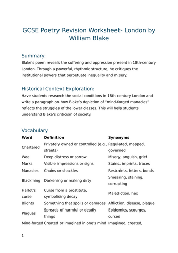London by William Blake - GCSE Poetry Revision Worksheet | Teaching ...