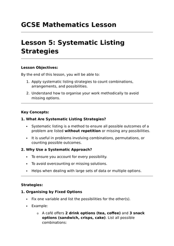 Systematic Listing Strategies Gcse Maths Lesson Teaching Resources