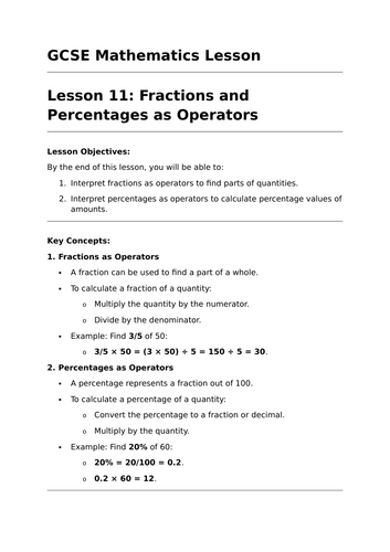 Fractions and Percentages as Operators - GCSE Maths Lesson | Teaching ...