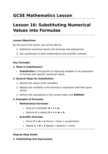Substitution - GCSE Maths Lesson | Teaching Resources