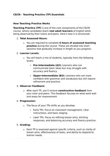 CELTA - Teaching Practice (TP) Essentials | Teaching Resources