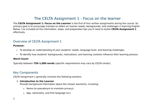 CELTA Assignment 1 - Focus on the Learner | Teaching Resources