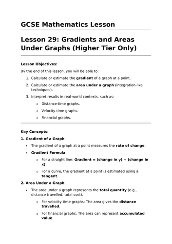 Gradients and Areas Under Graphs - GCSE Maths Lesson | Teaching Resources