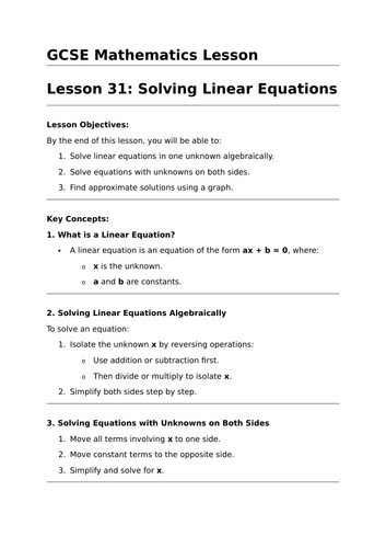 Solving Linear Equations Gcse Maths Lesson Teaching Resources