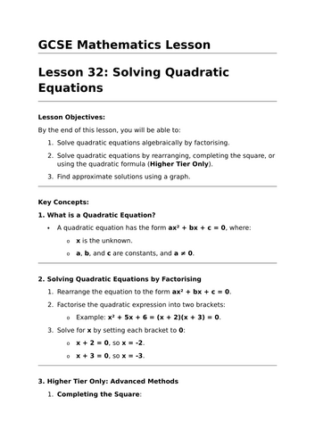 Solving Quadratic Equations Gcse Maths Lesson Teaching Resources
