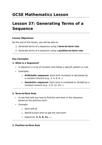 Generating Terms of a Sequence - GCSE Maths Lesson | Teaching Resources
