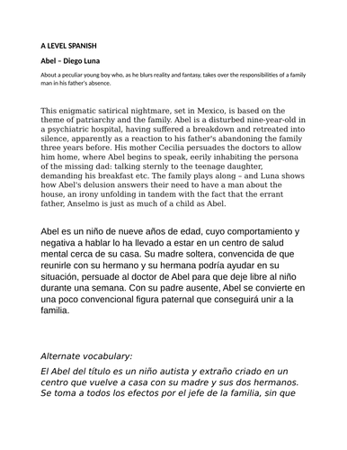 A LEVEL SPANISH revision notes: studying "Abel" | Teaching Resources