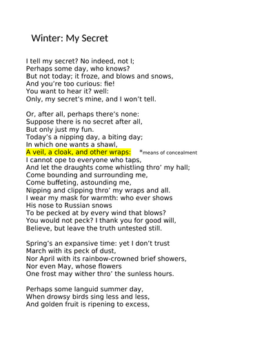 A LEVEL ENGLISH LITERATURE teacher resource "Winter My Secret" Rossetti ...