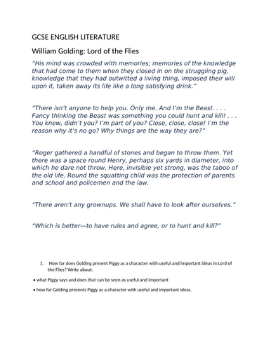 Teacher Resource: GCSE ENGLISH LITERAUTE "Lord of the Flies" exam ...