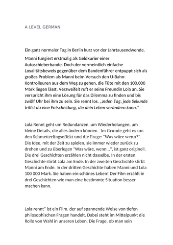 A Level German exam questions "Lola Rennt" | Teaching Resources