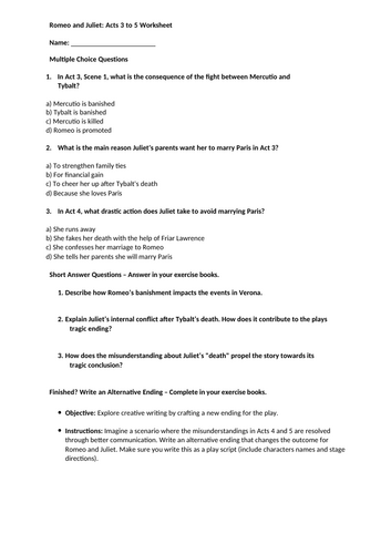 Year 8 Cover Worksheet (studying Romeo and Juliet) | Teaching Resources
