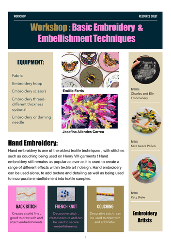 Basic Embroidery & Embellishment Techniques Workshop Handout | Teaching ...