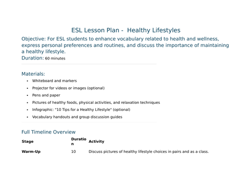 ESL Lesson Plan - Writing About Healthy Lifestyles with handout ...