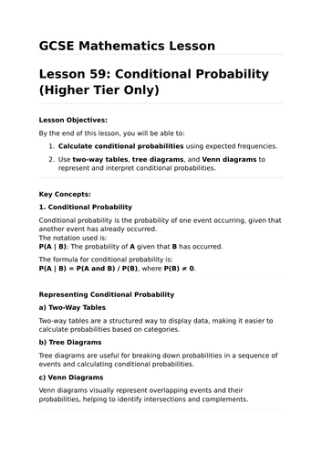 Conditional Probability - GCSE Maths Lesson | Teaching Resources