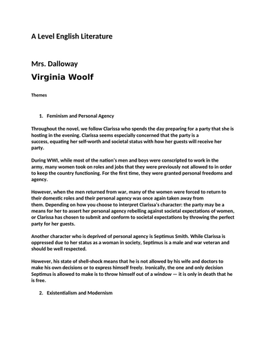 A LEVEL ENGLISH LITERATURE "Mrs. Dalloway" revision notes | Teaching ...