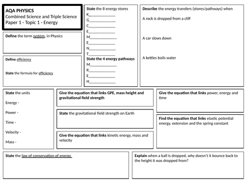 Physics/Combined Science AQA Knowledge Organiser | Teaching Resources