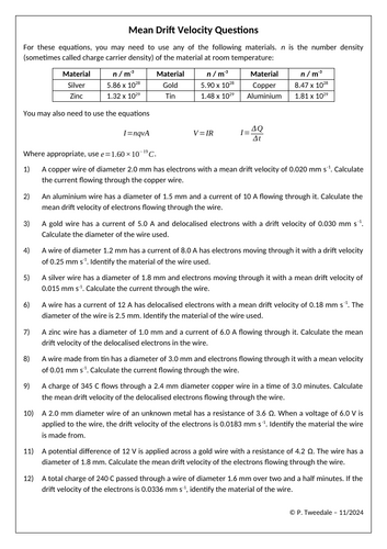Mean Drift Velocity Qs | Teaching Resources