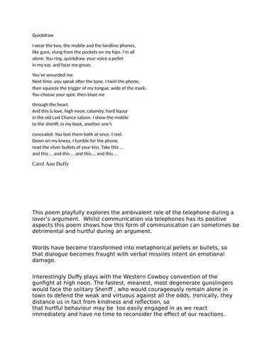 "Quickdraw" by Carol Ann Duffy OCR ENGLISH LITERATURE analysis ...