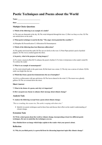 Year 8 Cover worksheet (Climate Change Poetry) | Teaching Resources