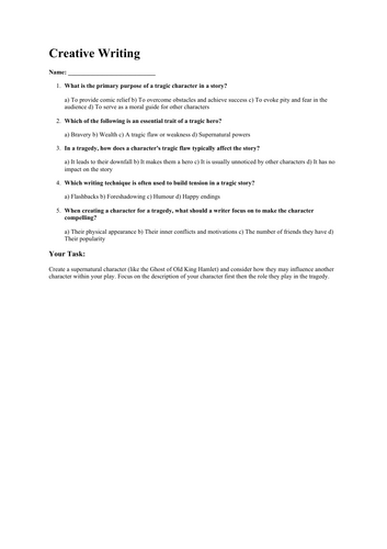 Year 9 Cover Worksheet - Hamlet Creative Writing | Teaching Resources