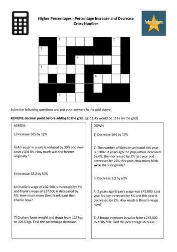 Higher Percentages - Percentage Increase and Decrease Cross Number | Teaching Resources
