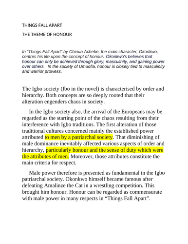 The theme of HONOUR in Things Fall Apart: iGCSE ENGLISH LITERATURE ...