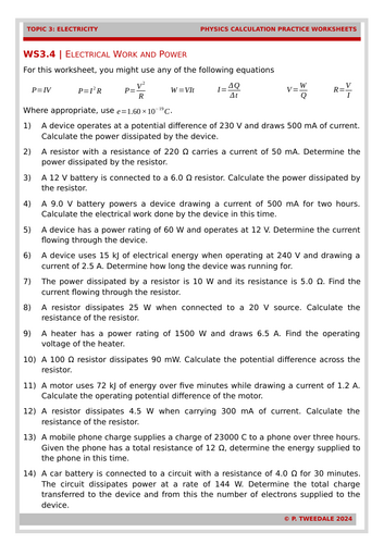 Electricity: Electrical Work and Power Calculations | Teaching Resources