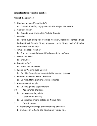 Imperfect tense refresher practice | Teaching Resources