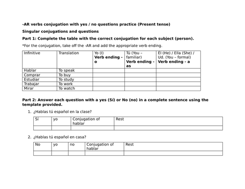 AR verbs conjugation with yes / no questions practice (Present tense ...