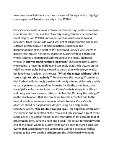 GCSE ENGLISH LITERATURE: example essay on Curley's wife: Of Mice and ...
