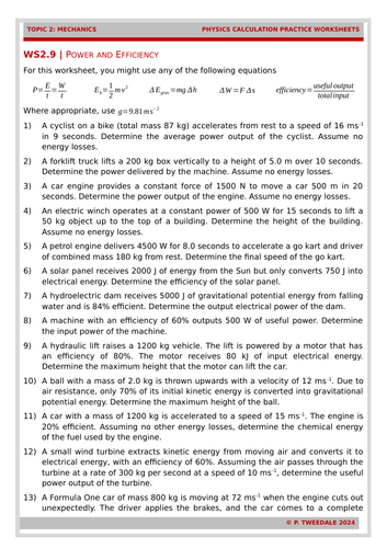 Mechanics: Power and Efficiency Calculations | Teaching Resources