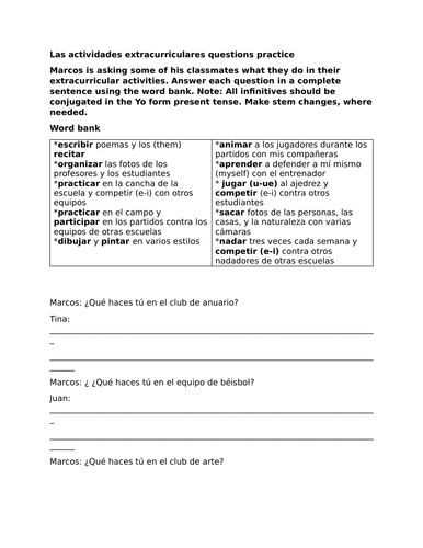 Las actividades extracurriculares questions practice | Teaching Resources