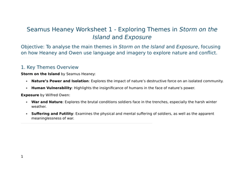 Exploring Themes in Storm on the Island and Exposure – GCSE Worksheet ...