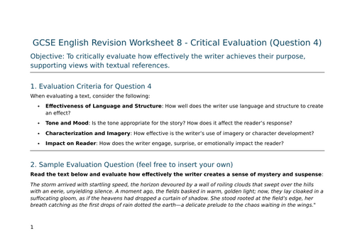 Critical Evaluation (Question 4) – GCSE Worksheet | Teaching Resources