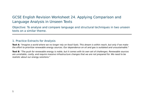 Applying Comparison and Language Analysis – GCSE Worksheet 24 ...