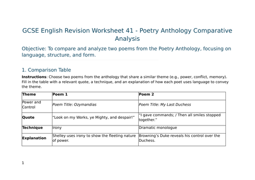 Poetry Anthology Comparative Analysis – GCSE Worksheet 41 | Teaching ...